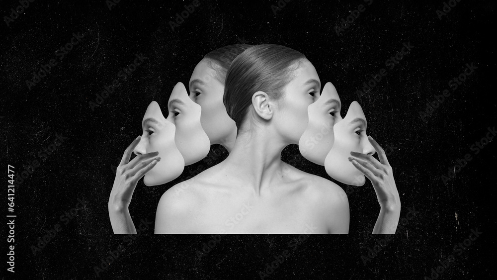 Split of personality. Young woman with many faces. Black and white ...