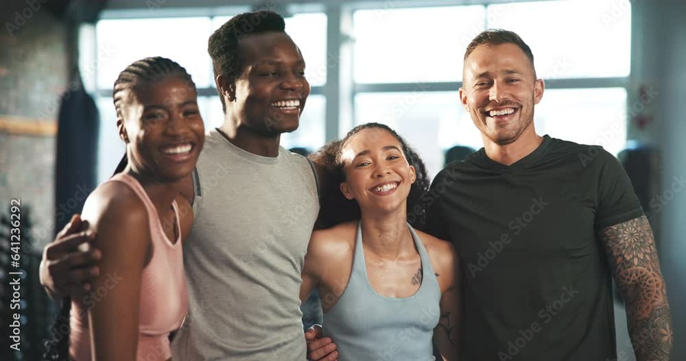 Gym class, happy people and friends laughing at exercise humour ...