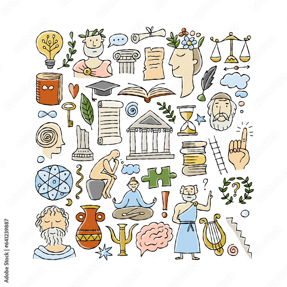 Philosophy concept art, hand-drawn philosophers and elements. Square ...