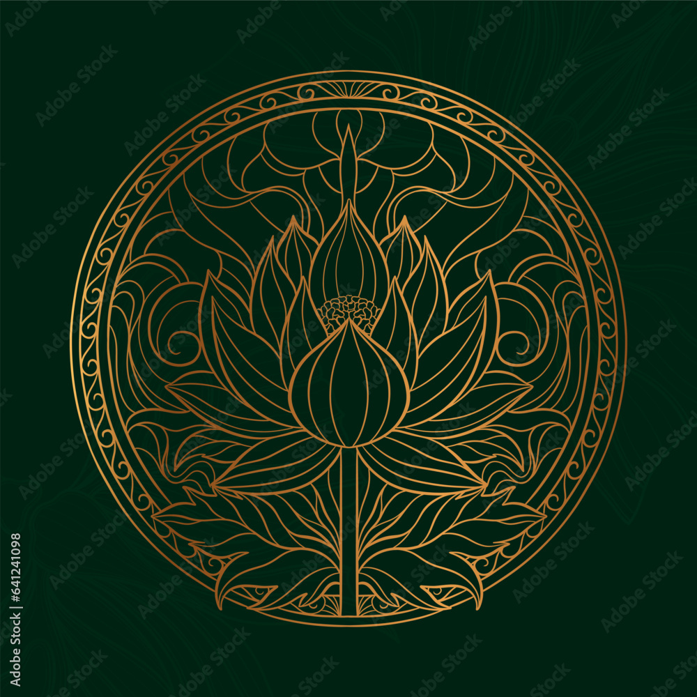 Elegant lotus flower bud and leaf in circle.The round design is made ...