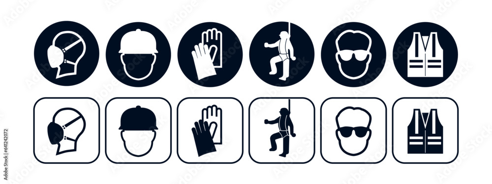 Set of safety equipment signs. Work safety icon. Essential construction ...
