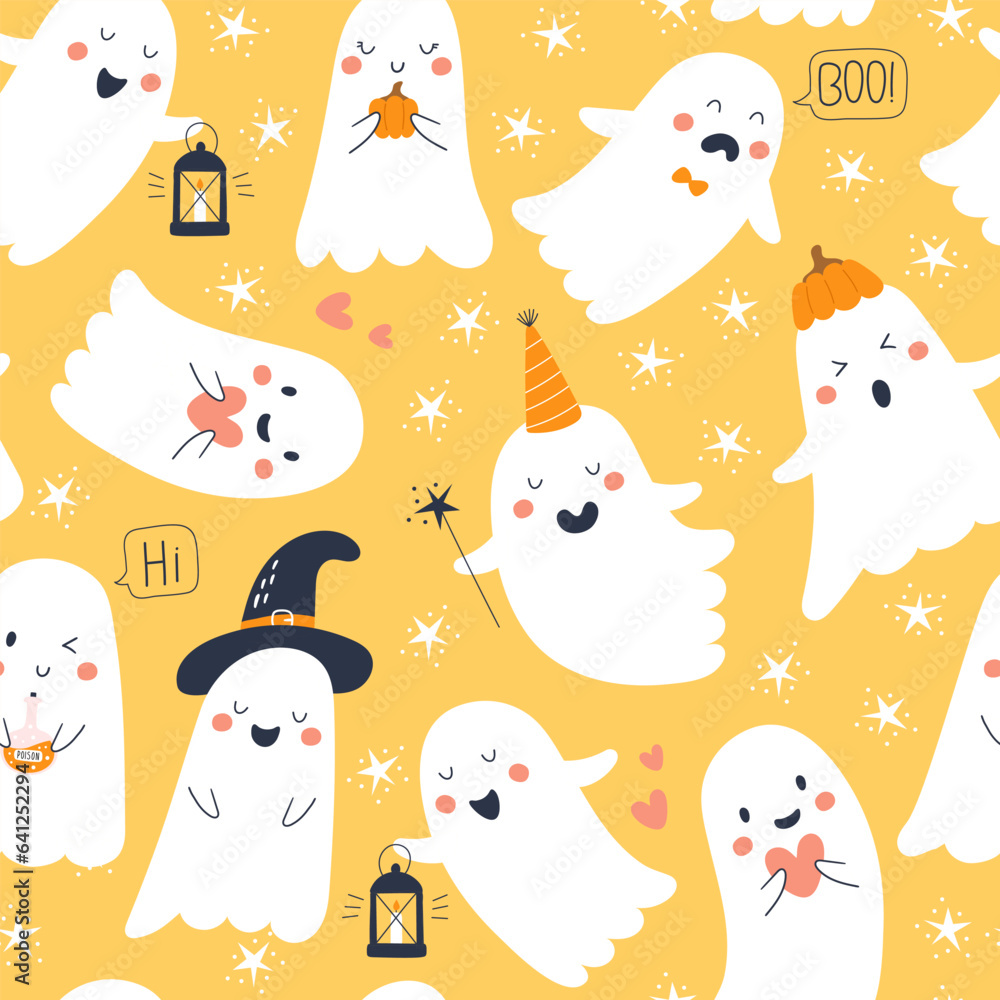 Cute ghosts with different emotions and face expressions seamless pattern. White scary spirits ...