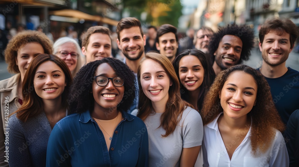 Smiling people of different peoples and cultures stand together, the ...
