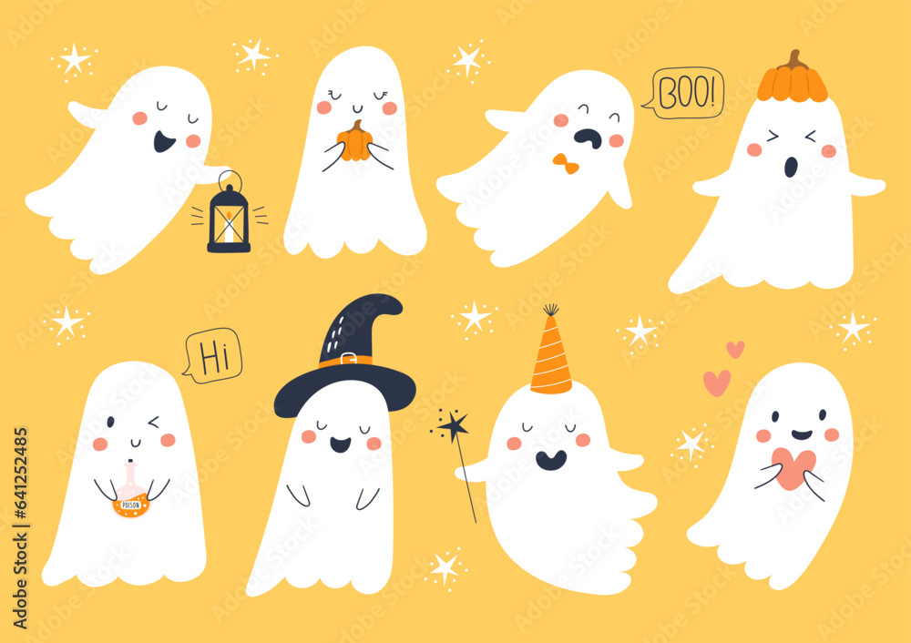 Vetor de Set of cute ghosts with different emotions and face ...