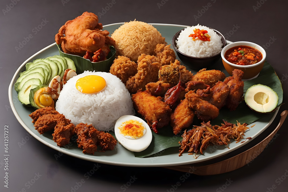 a traditional indonesia curry paste rice dish served with various side ...