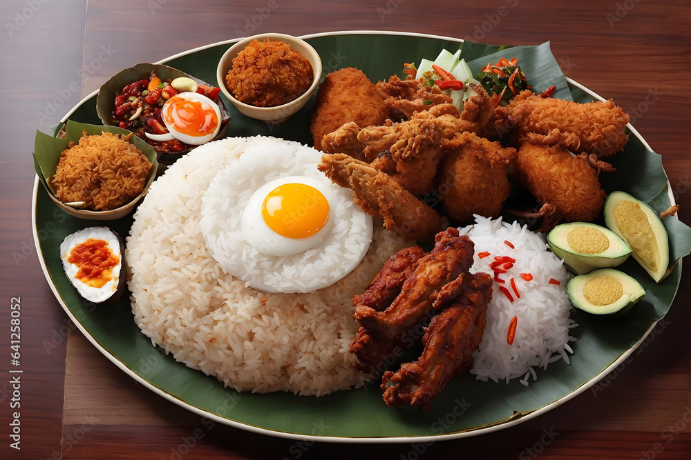 a traditional indonesia curry paste rice dish served with various side ...