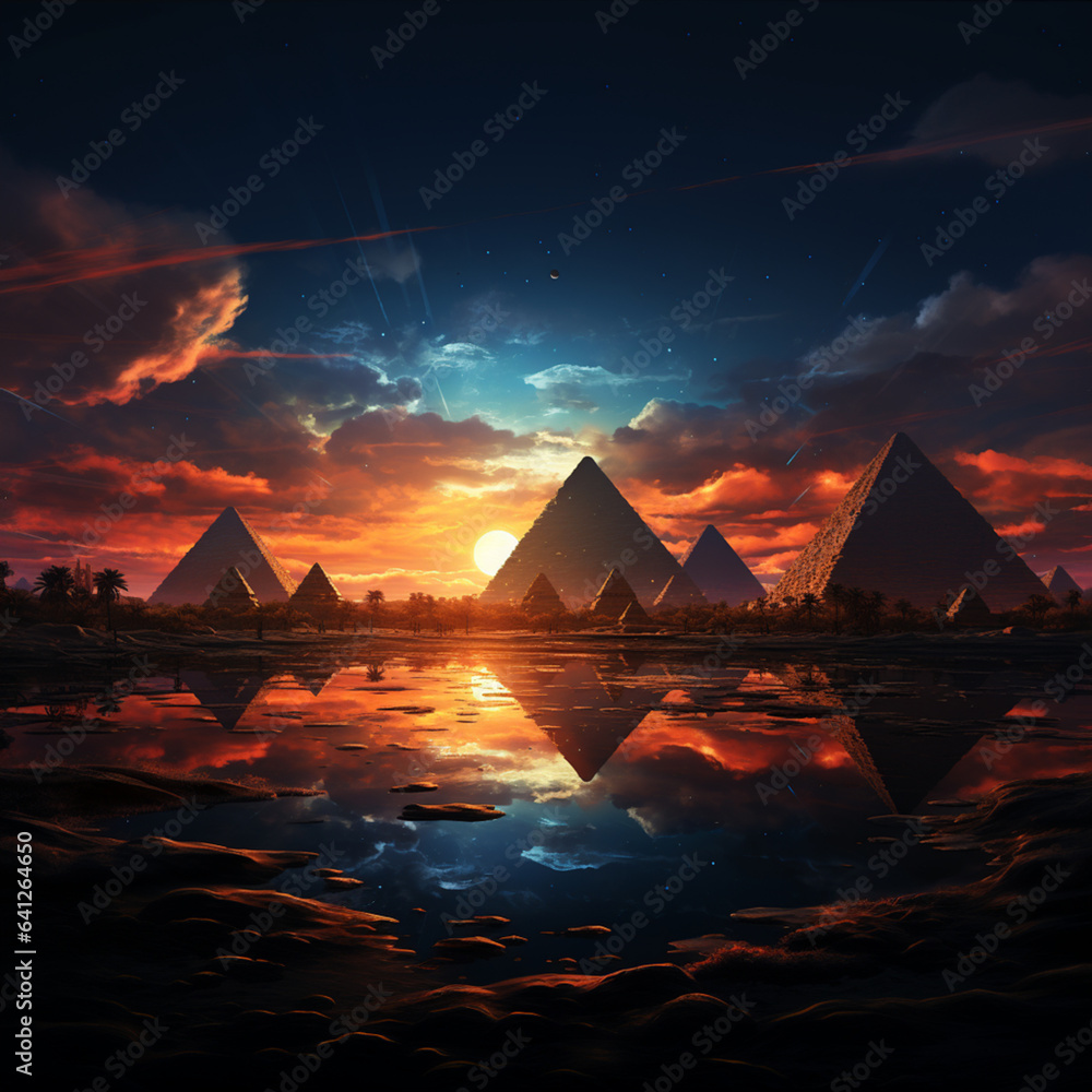 The pyramids are depicted with intricate lines and patterns, creating a ...