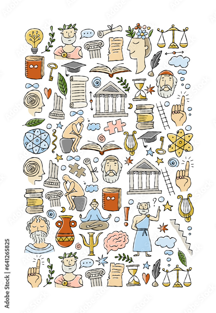 Philosophy concept art, hand-drawn philosophers and elements. Vertical ...