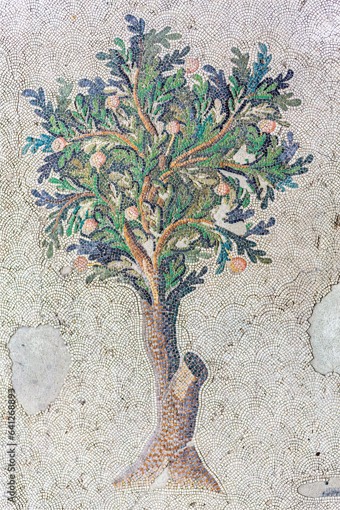 Fruit tree. Ancient Byzantine mosaic in the Great Palace. Close up ...