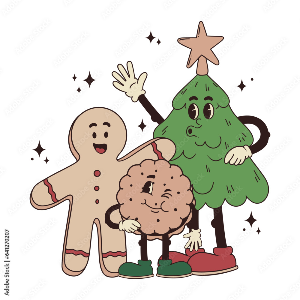 Vector funny cartoon Christmas mascots: gingerbread man, round winking ...