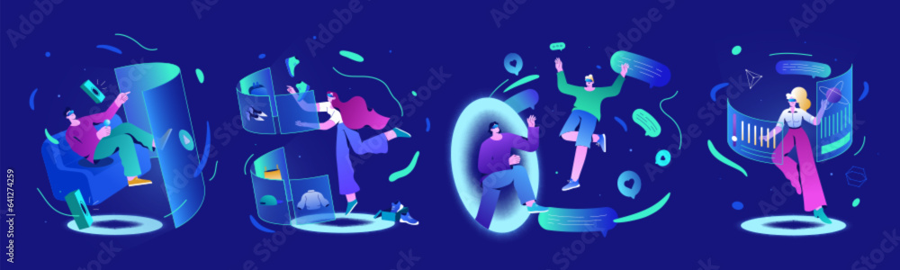 Metaverse game tech vector illustration. People use virtual reality glasses for games, learning ...