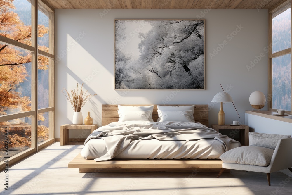 Front view of a bedroom with king size bed, a bookshelf, a table and a ...