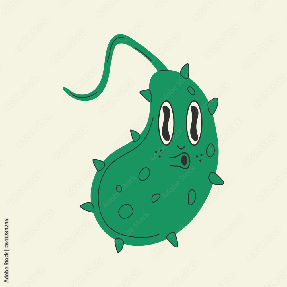 Cute Cartoon bacteria vibrio cholerae character. Old animation 60s 70s ...