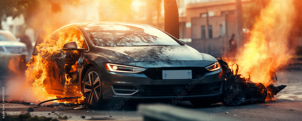 Electric car EV who's vehicle lithium battery is on fire causing a ...