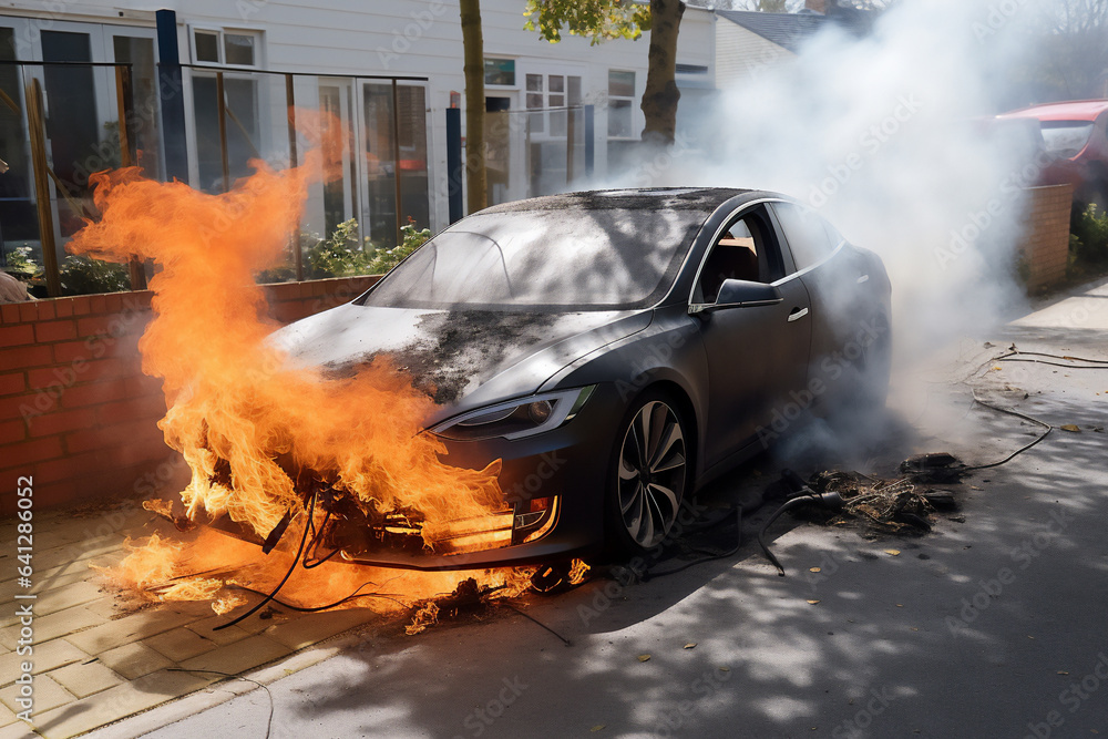 Electric car EV who's vehicle lithium battery is on fire causing a ...