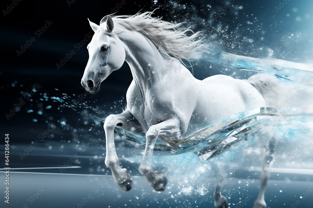 Watercolour abstract horse painting of a white equine animal running ...