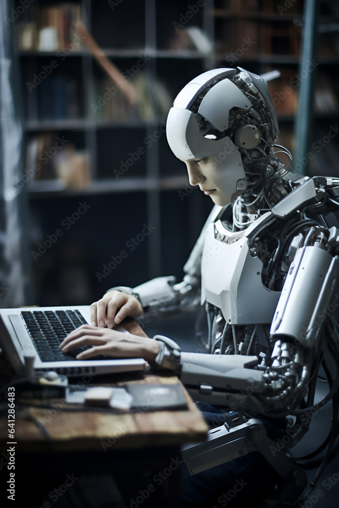 Humanoid robot office workers working from home on a laptop computer ...
