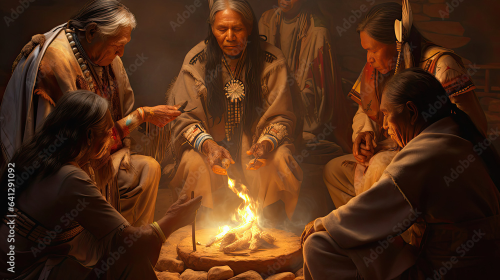 Native American storytellers sharing legends by a fire Stock ...