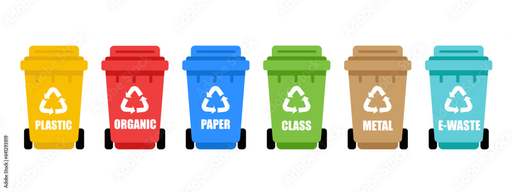 Recycle bins. Colorful recycle plastic bins. Various types of waste ...