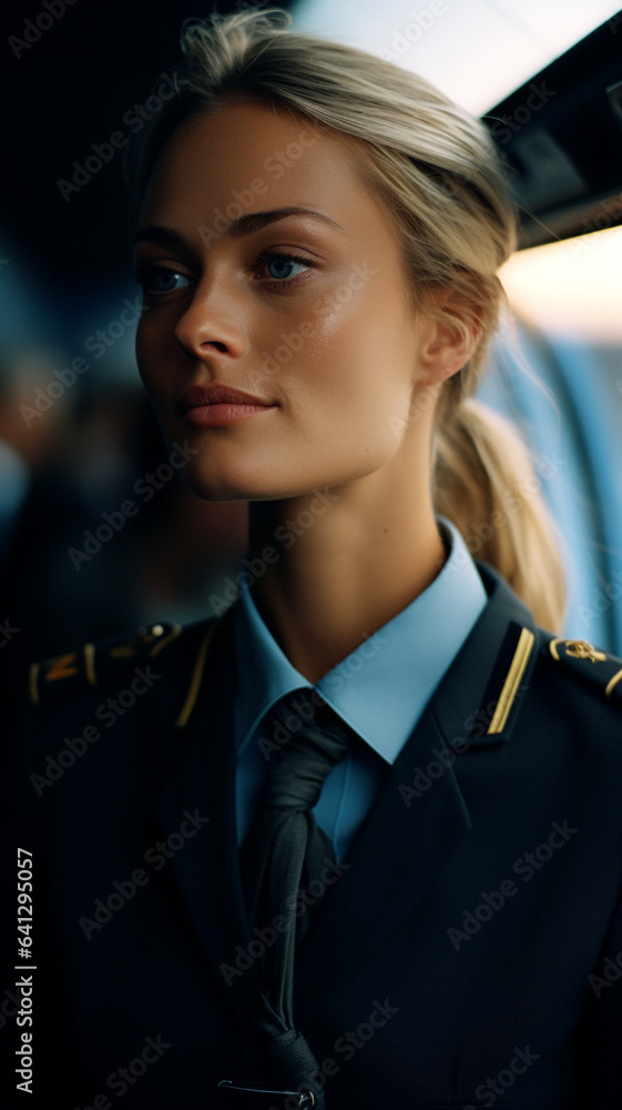 Beautiful portrait of airport worker and airplane and pilot's assistant ...