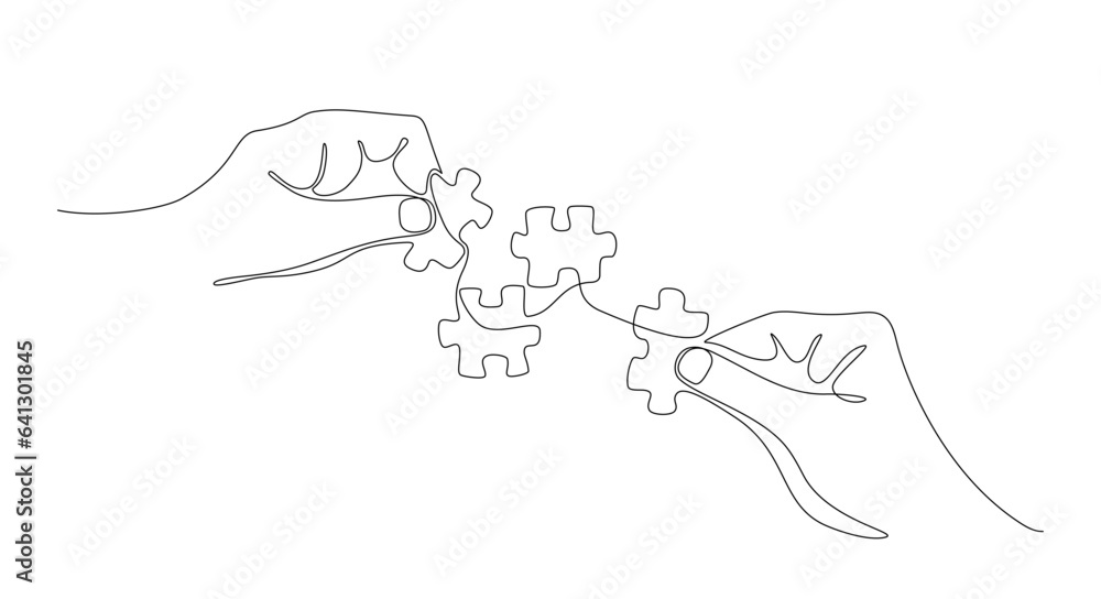Continuous line drawing of hands solving puzzle pieces, jigsaw. Hands ...