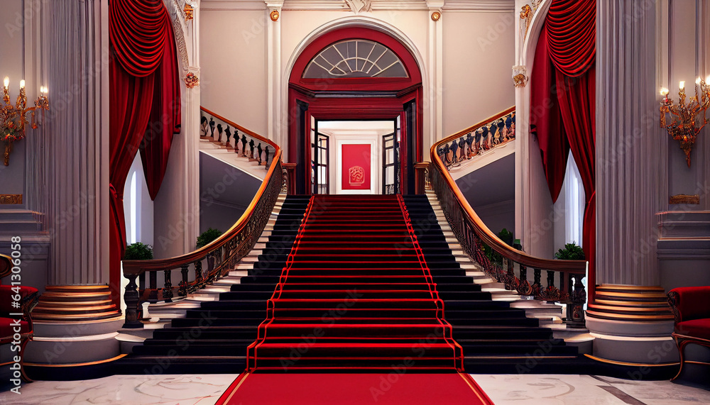 Red carpet and ceremonial VIP staircase. VIP luxury entrance with red ...