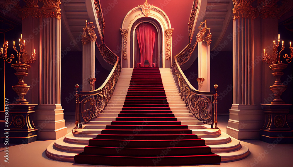 Red carpet and ceremonial VIP staircase. VIP luxury entrance with red ...