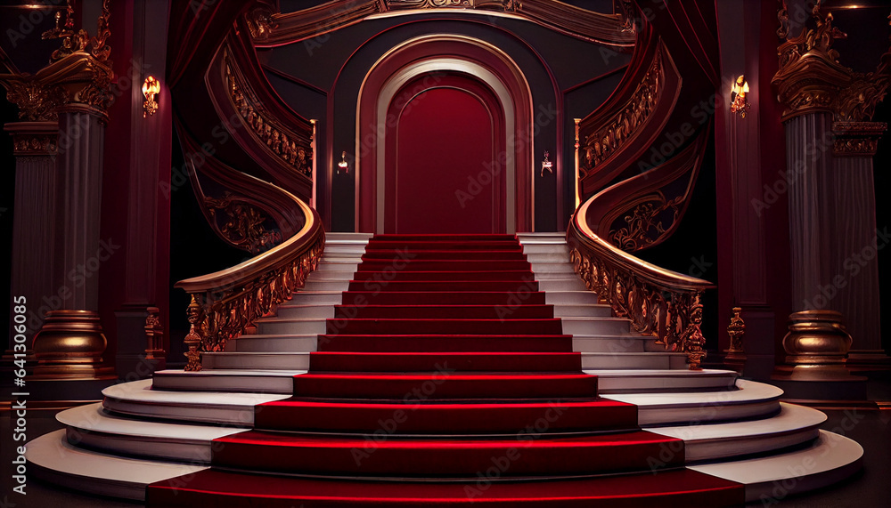 Red carpet and ceremonial VIP staircase. VIP luxury entrance with red ...
