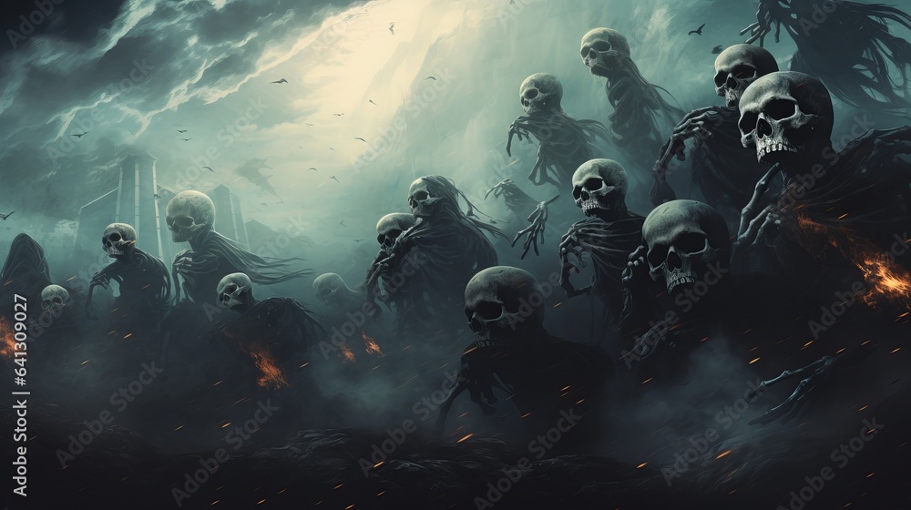 Banner with skeletal remains. An illustration of a spooky scene ...