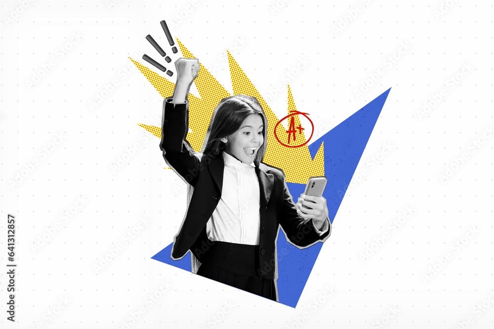 Creative collage picture of black white colors excited girl uniform ...