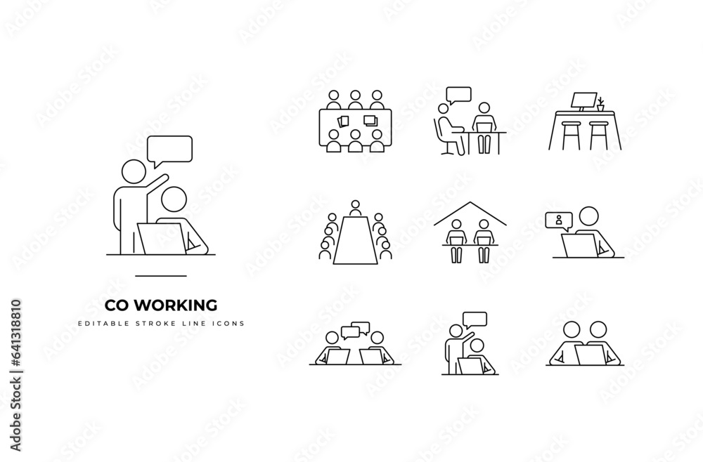 Set of co-working Icons. Simple line art and editable stroke icons pack ...