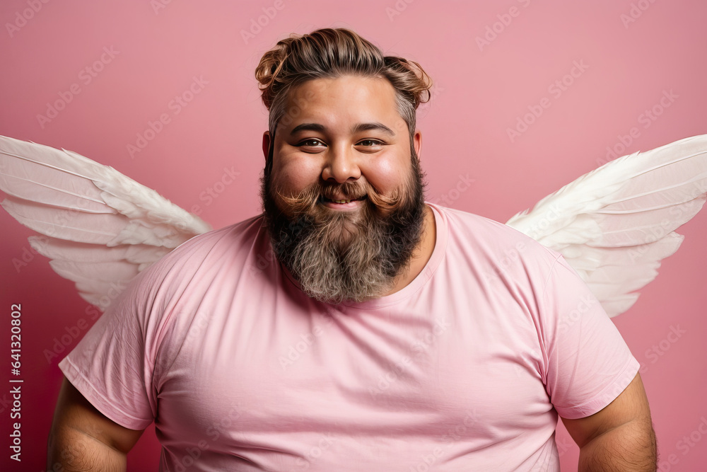 Winged fat man with mustache and beard uses a white t-shirt on a pink ...