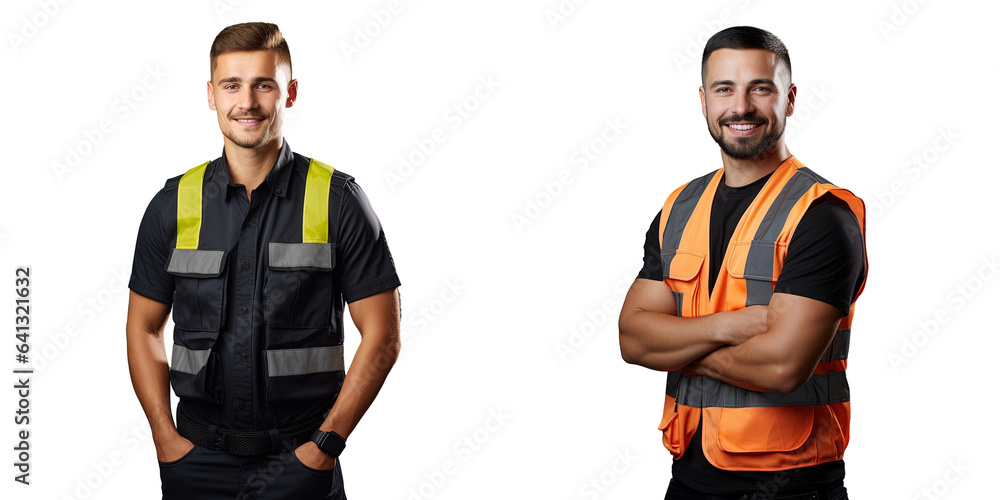 Smiling security officer in a safety vest standing with crossed arms ...