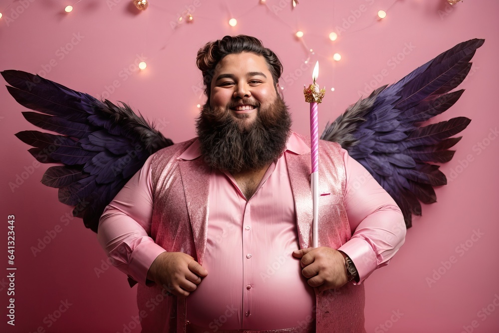 Positive plump man has fun on pink background, feels like fairy who ...