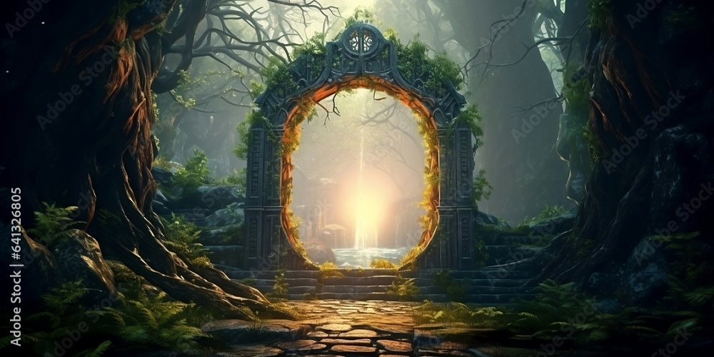 Spectacular fantasy scene with a portal archway covered in creepers. In ...