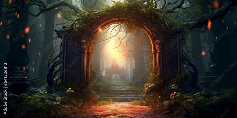 Spectacular fantasy scene with a portal archway covered in creepers. In ...