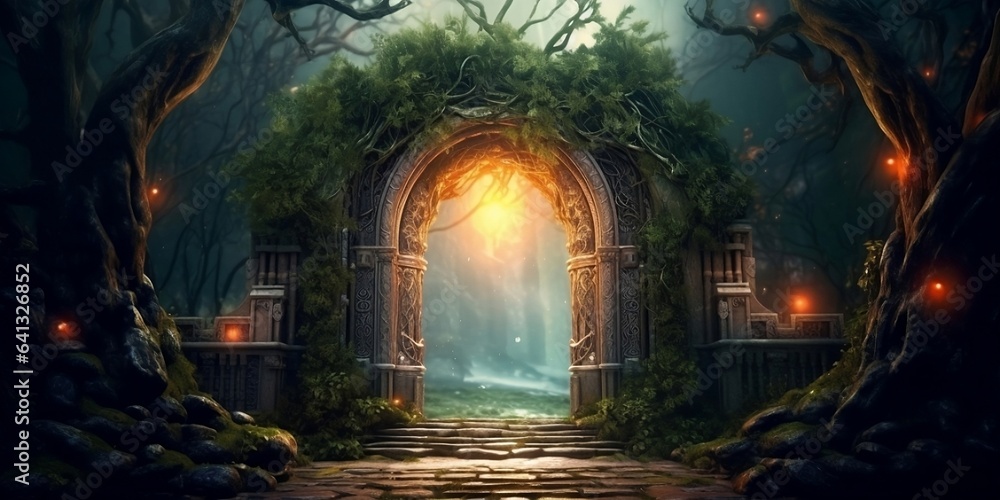 Spectacular fantasy scene with a portal archway covered in creepers. In ...