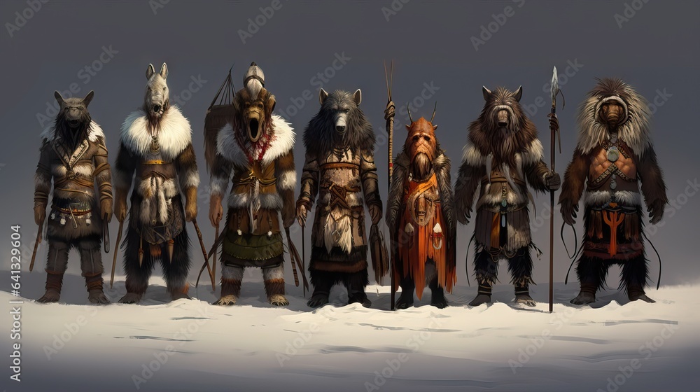 a set of traditional costumes from various ancient cultures and tribes ...