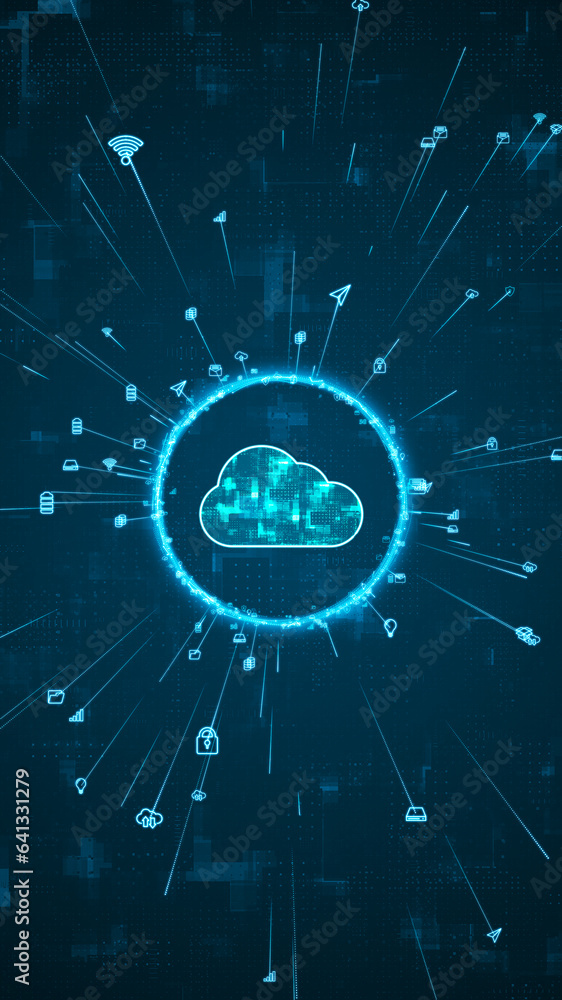 Blue digital cloud computing logo and ring rotation around logo with ai icon spread and line ...