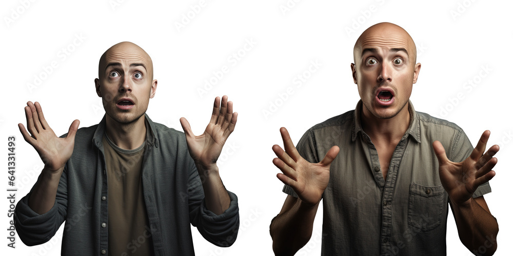 Photo & Art Print Surprised young bald man with open hands on ...