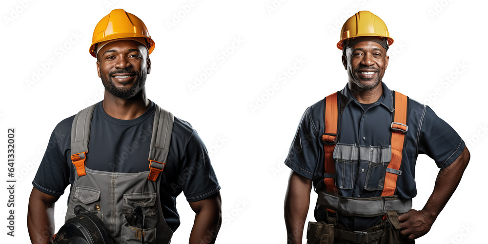 Optimistic construction worker smiling in studio holding tools isolated ...