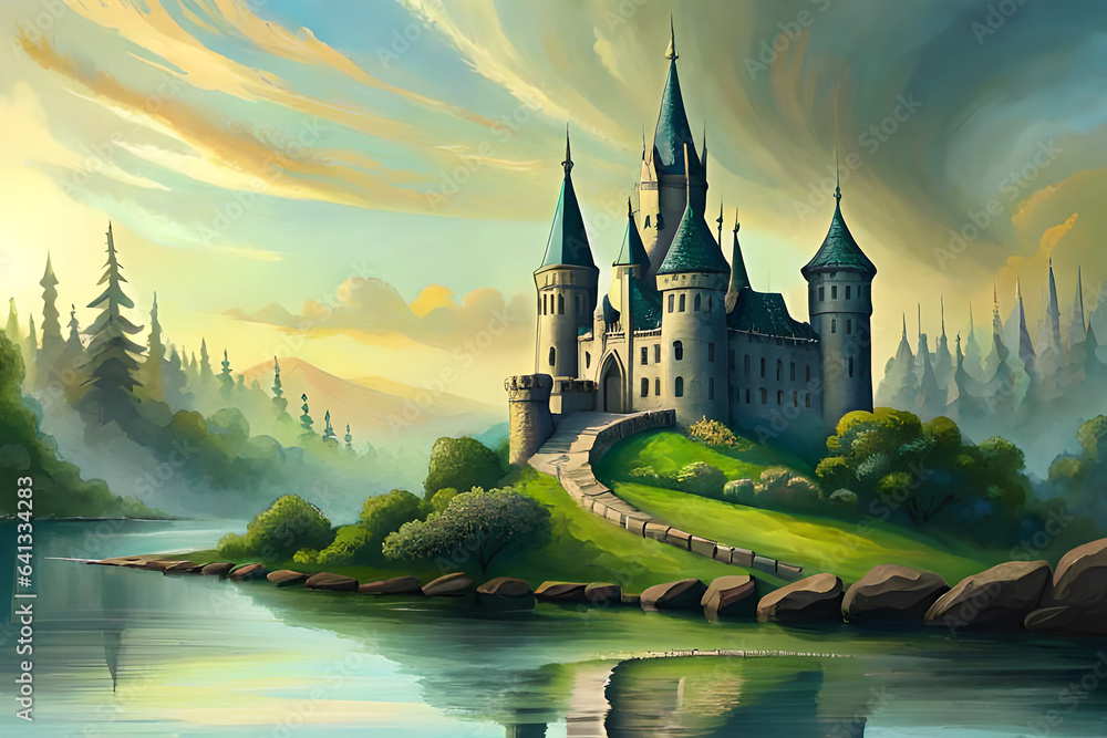 Fairy tale castle. Vector cartoon landscape of royal palace with towers ...