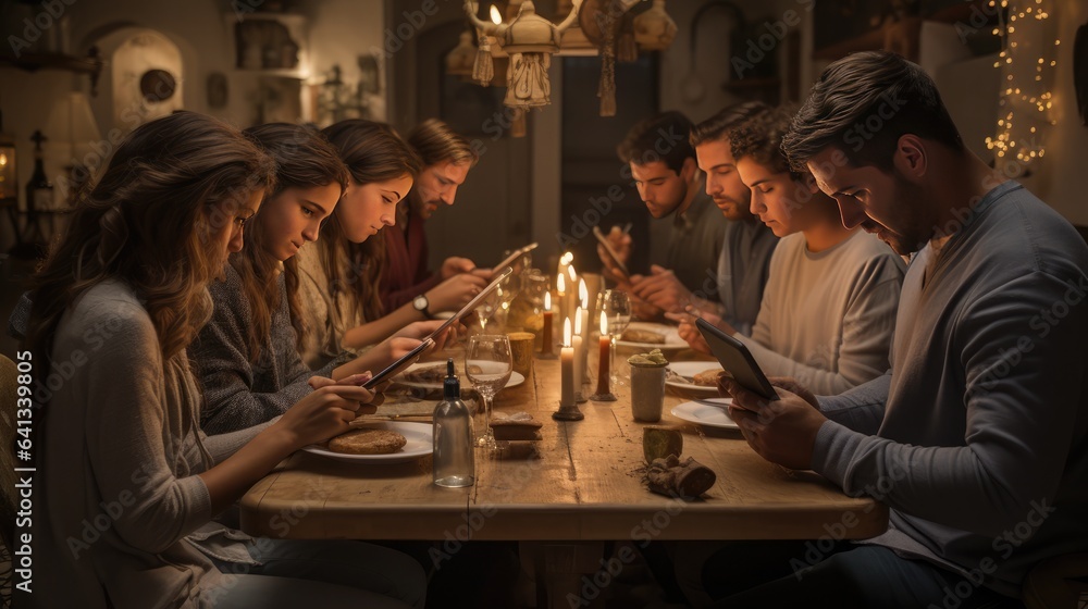 Disconnected Family Time concept. A family sits around a dining table ...