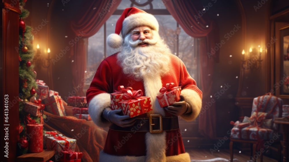 Santa Claus in a red hat standing in the living room after delivering ...
