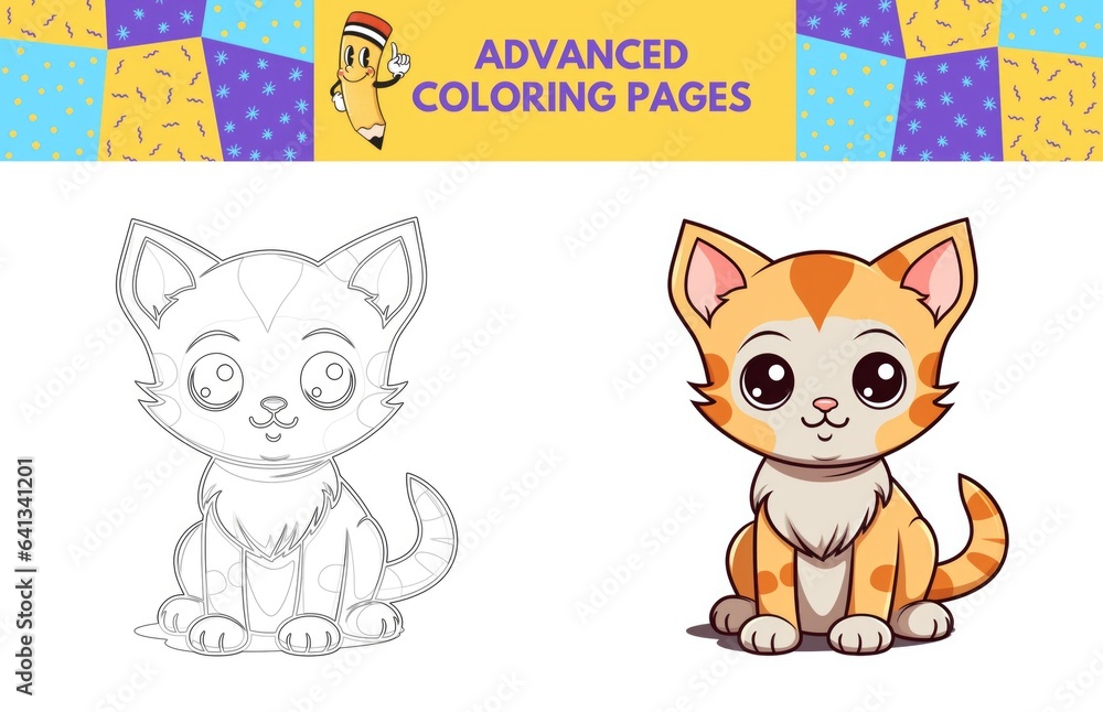 Cat coloring page with colored example for kids. Coloring book Stock ...