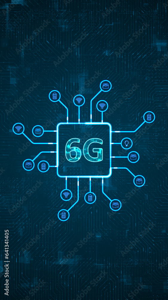 Blue digital 6G logo and futuristic HUD technology circuit board with ...