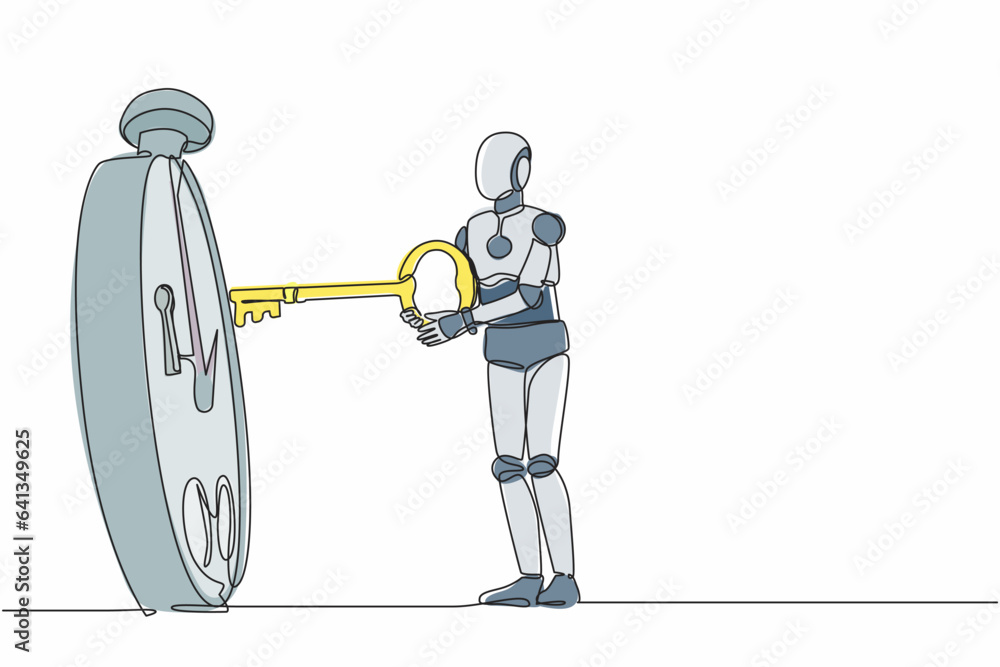 Single continuous line drawing robot putting big key into stopwatch ...
