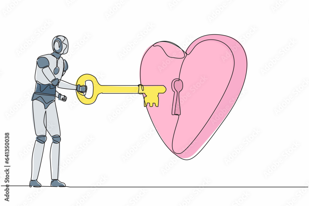 Single continuous line drawing robot putting key into heart. Humanoid ...