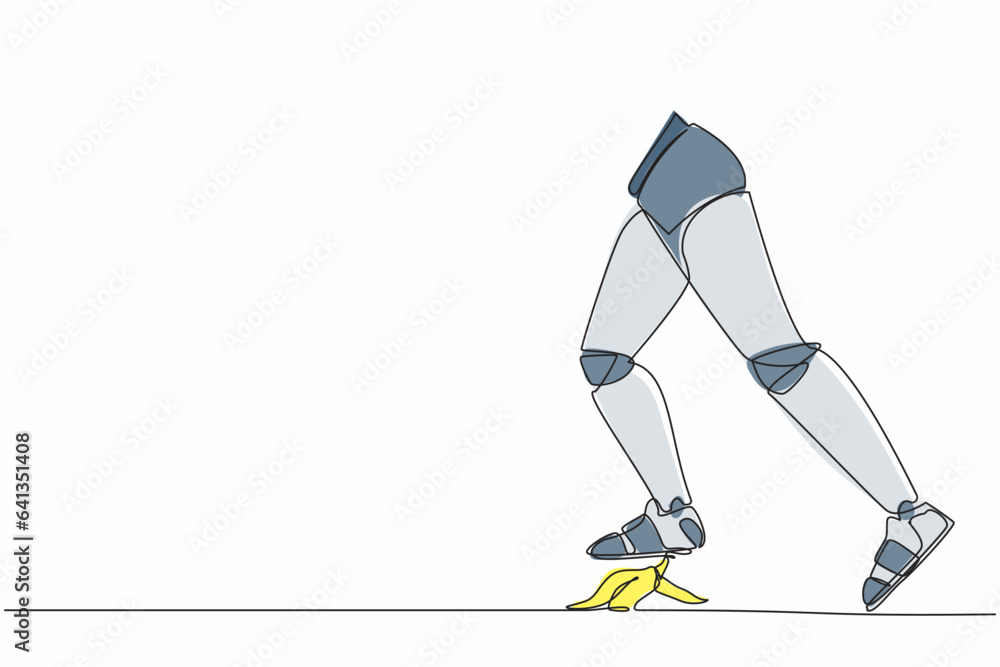 Continuous one line drawing of unlucky robot leg step on banana peel ...