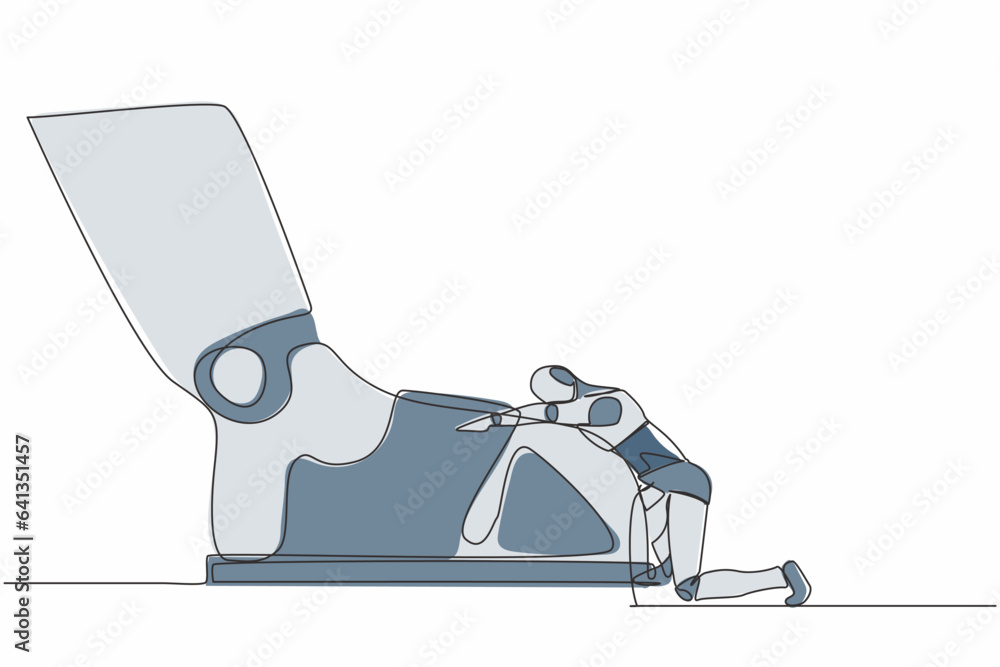 Single one line drawing of robot kneeling a giant foot or shoe. Robot ...